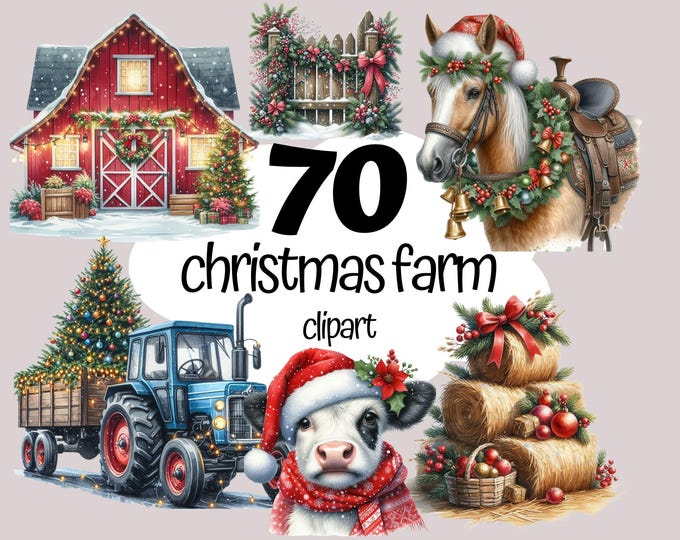 Watercolor Farm Christmas Clipart, Farm Life, Farm Animals, Christmas ...