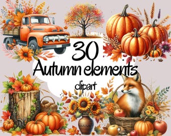 Autumn Elements Clipart Watercolor Autumn Clipart, Cute Pumpkin Clipart ...