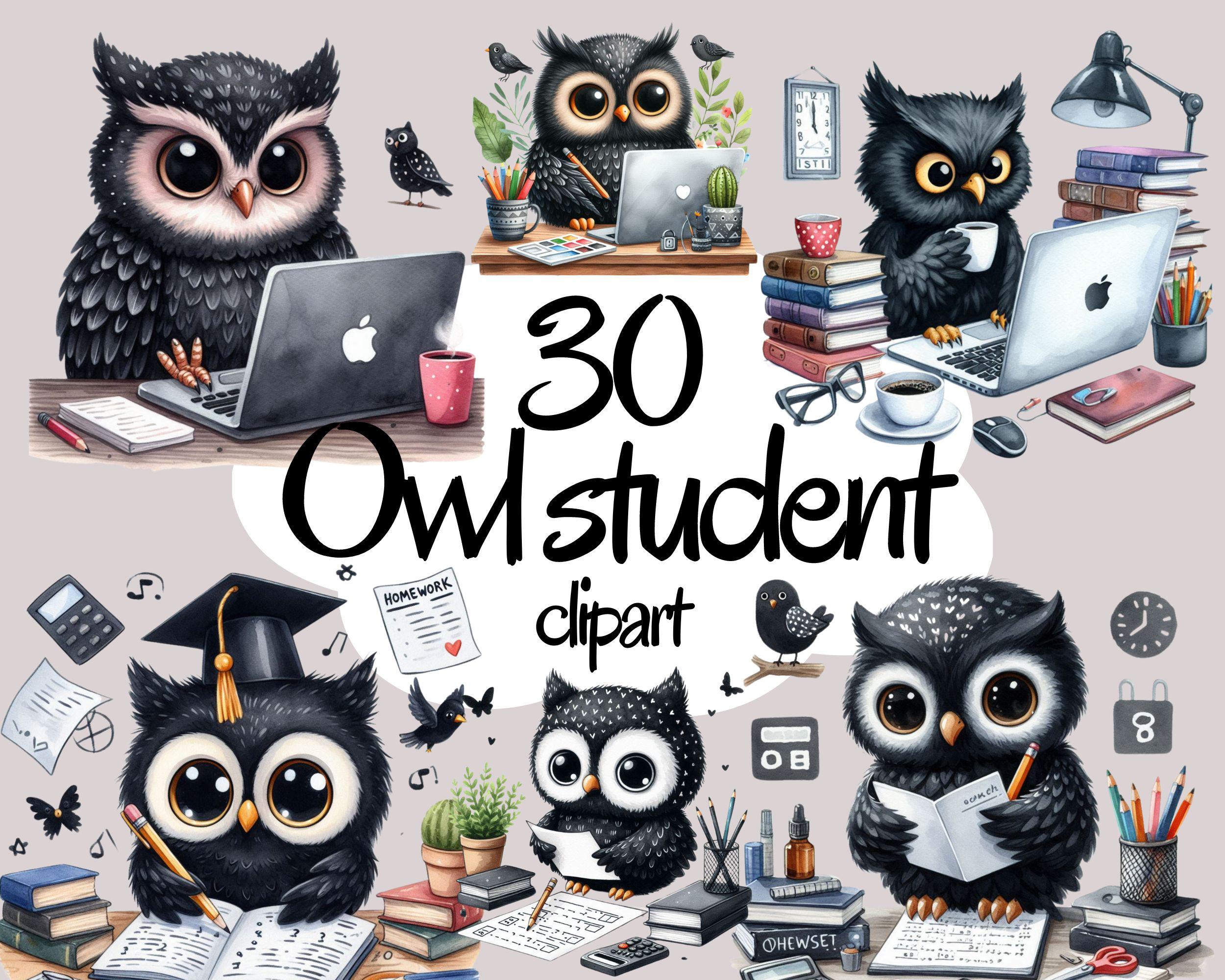 Watercolor Back to School Clipart Owl Cartoon, Backpack, Books ...
