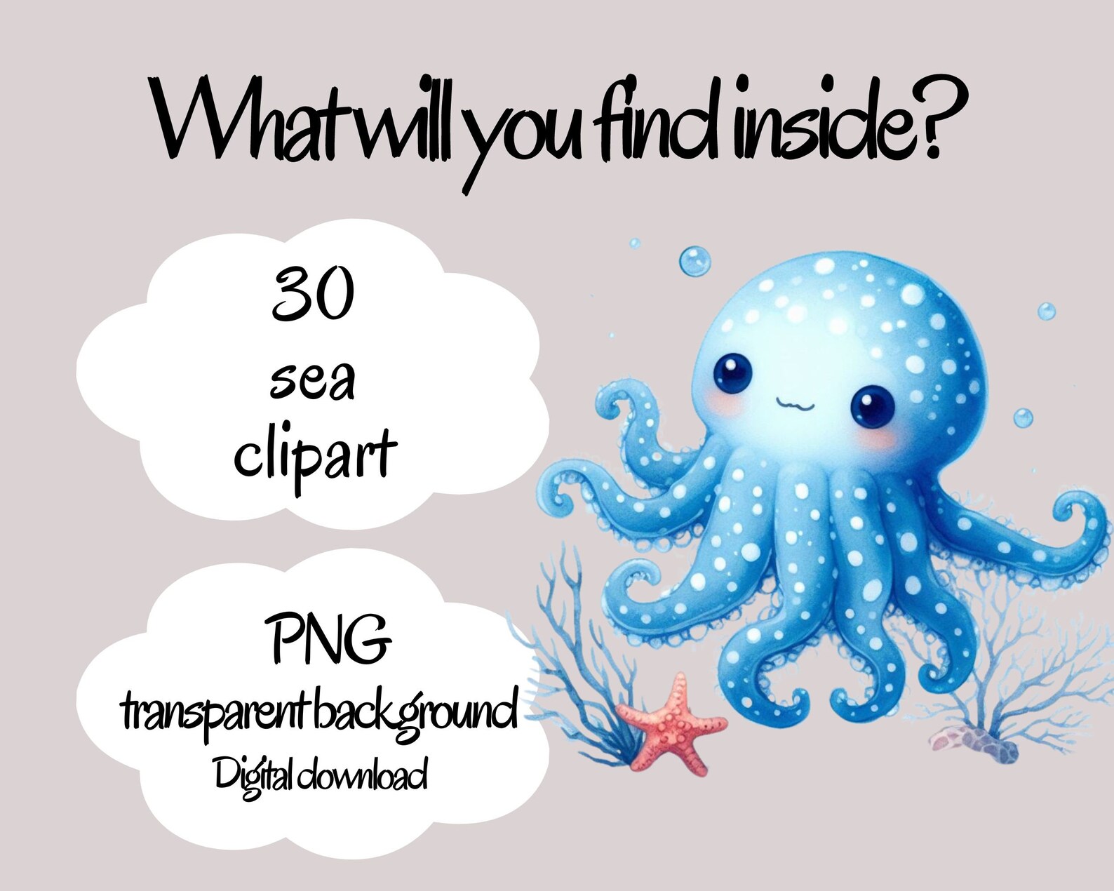 Magic Sea Creatures Clipart Bundle, Blue Sea Watercolor Cute Clipart ...