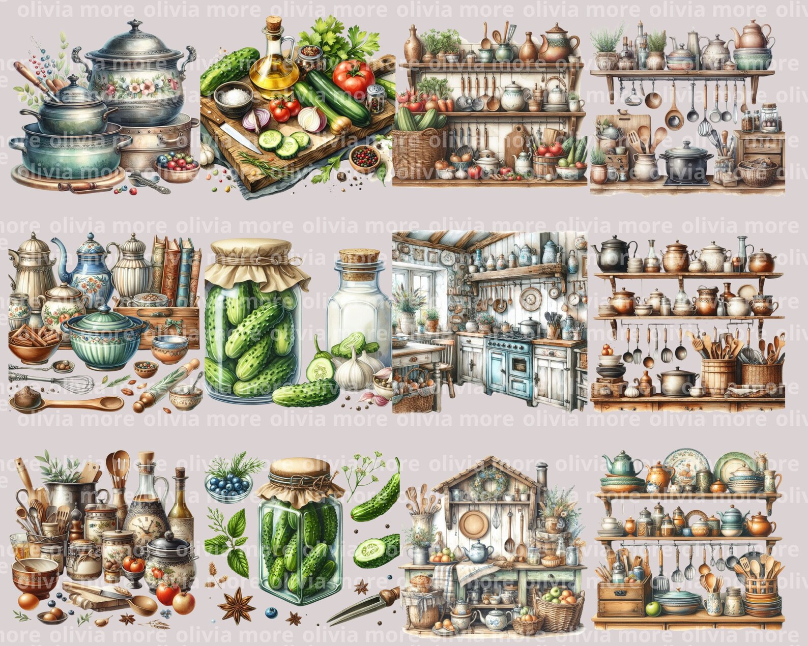 Watercolor Rustic Kitchen Clipart, Rustic Cooking Clipart Bundle ...