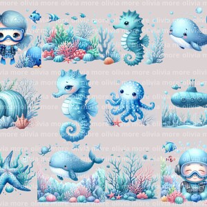 Magic Sea Creatures Clipart Bundle, Blue Sea Watercolor Cute Clipart ...
