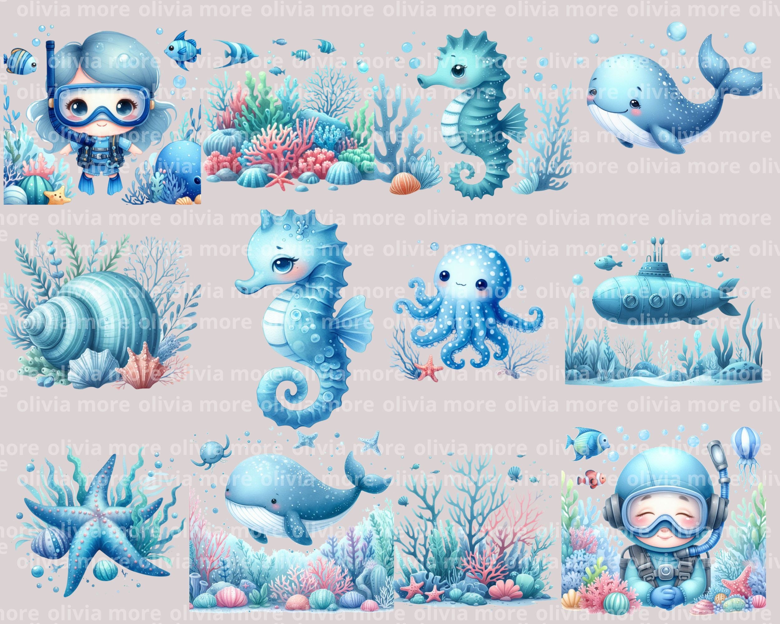 Magic Sea Creatures Clipart Bundle, Blue Sea Watercolor Cute Clipart ...