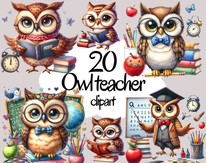 Watercolor Back to School Clipart Owl Cartoon, Backpack, Notebook ...