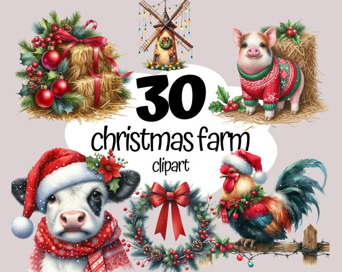 Watercolor Farm Christmas Clipart, Farm Life, Farm Animals, Christmas ...