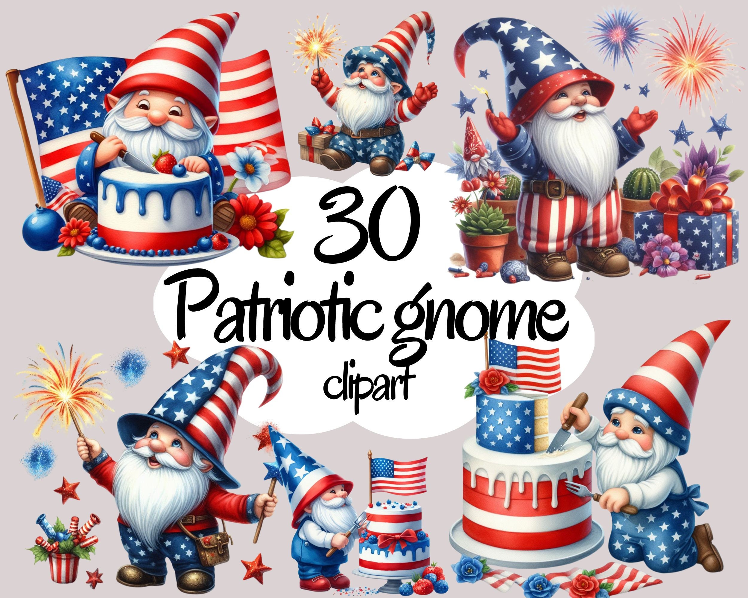 Patriotic Gnome Clipart, American Flag, USA Gnome, Watercolor Clipart ...