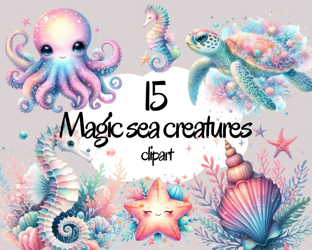 Magic Sea Creatures Clipart Bundle, Watercolor Cute Seahorse Clipart ...
