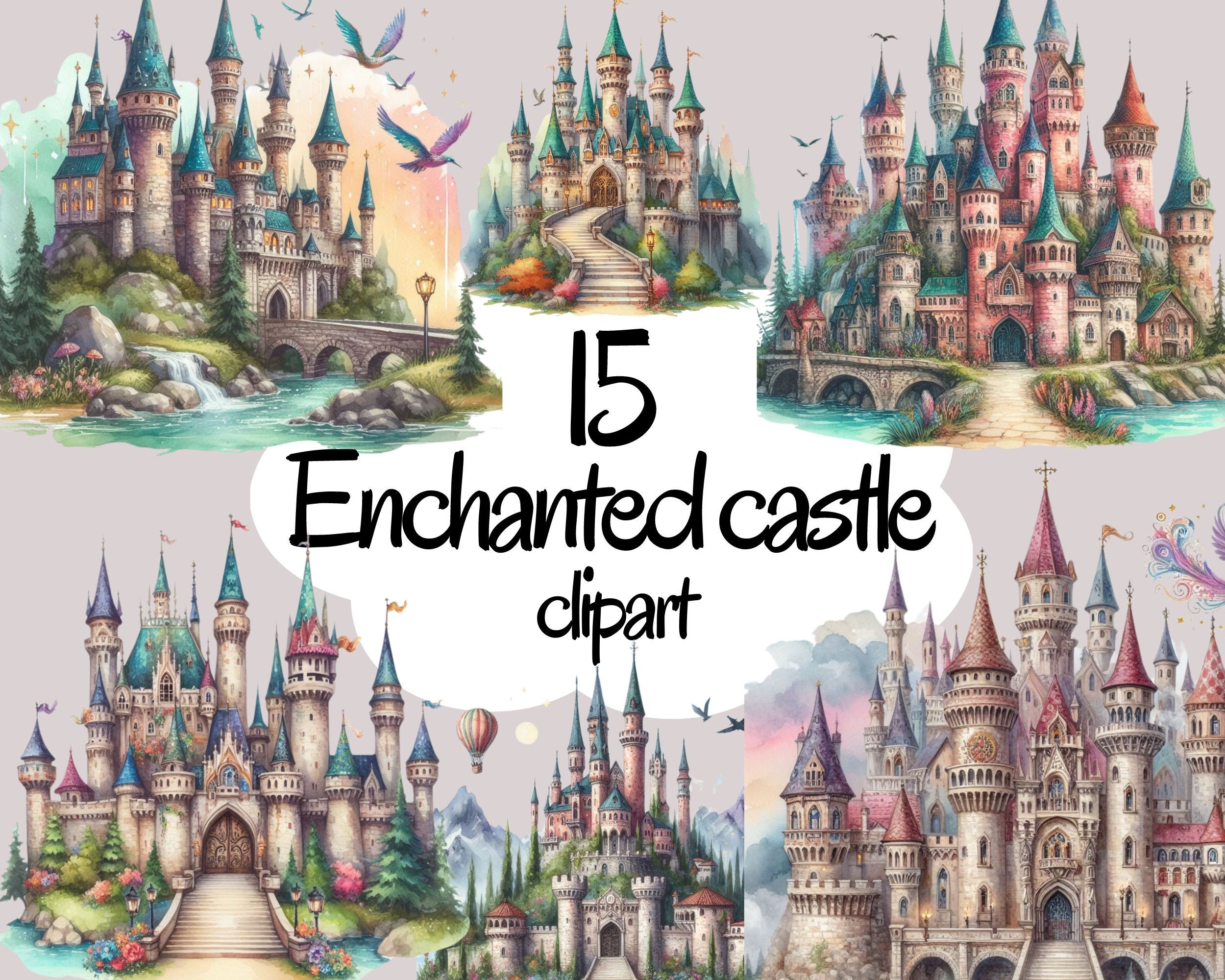 Watercolor Castle Clipart, Fairy Tale Castle, Princess Castle Clipart, High-quality, Digital ...
