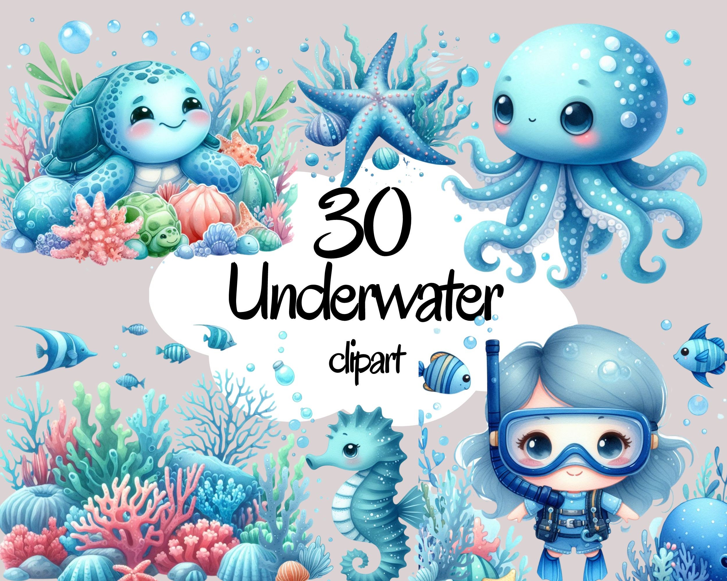 Magic Sea Creatures Clipart Bundle, Blue Sea Watercolor Cute Clipart ...