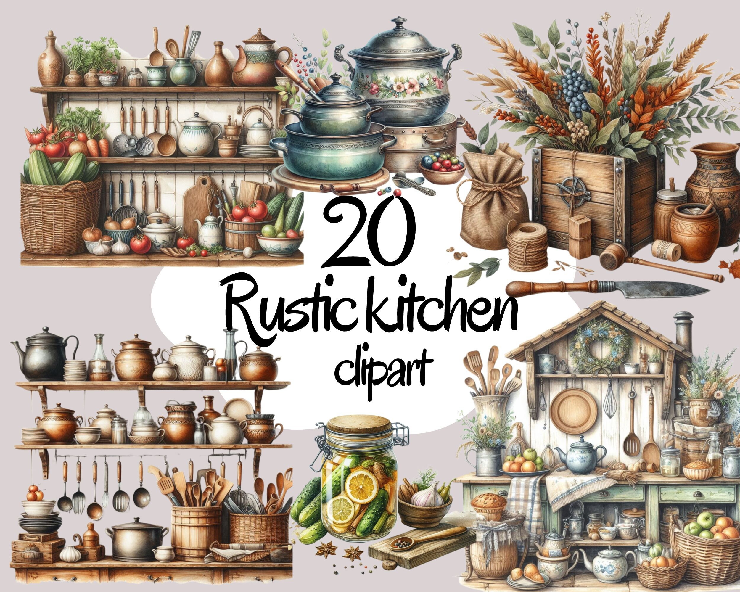 Watercolor Rustic Kitchen Clipart, Rustic Cooking Clipart Bundle ...