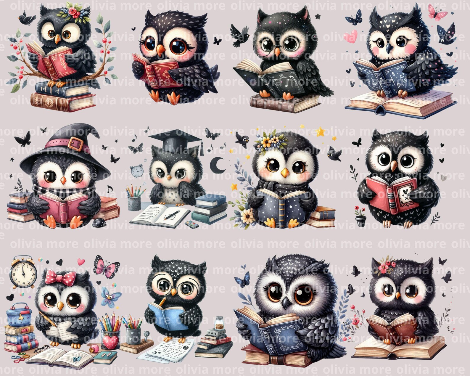 Watercolor Back to School Clipart Owl Cartoon, Backpack, Books ...