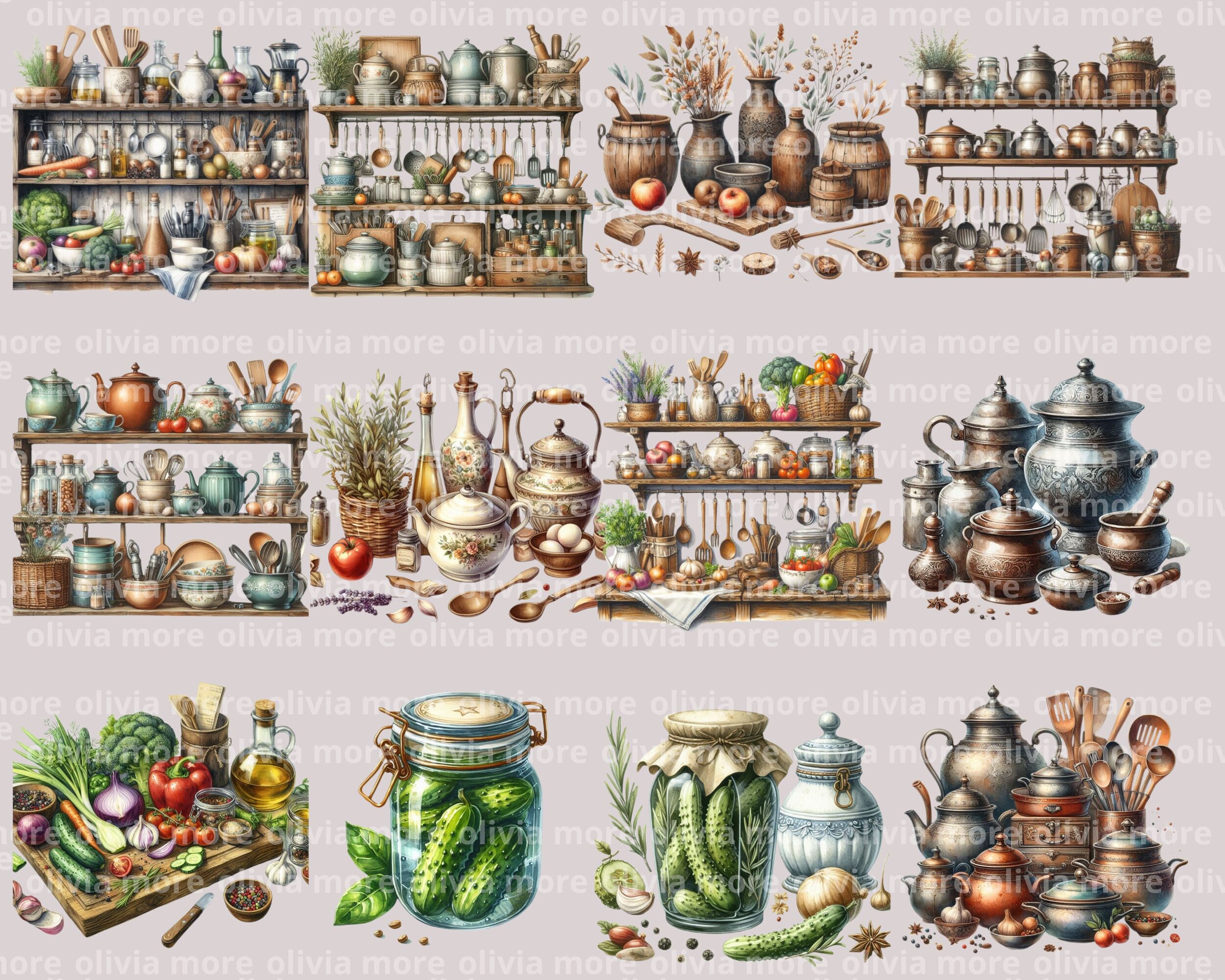 Watercolor Rustic Kitchen Clipart, Rustic Cooking Clipart Bundle ...