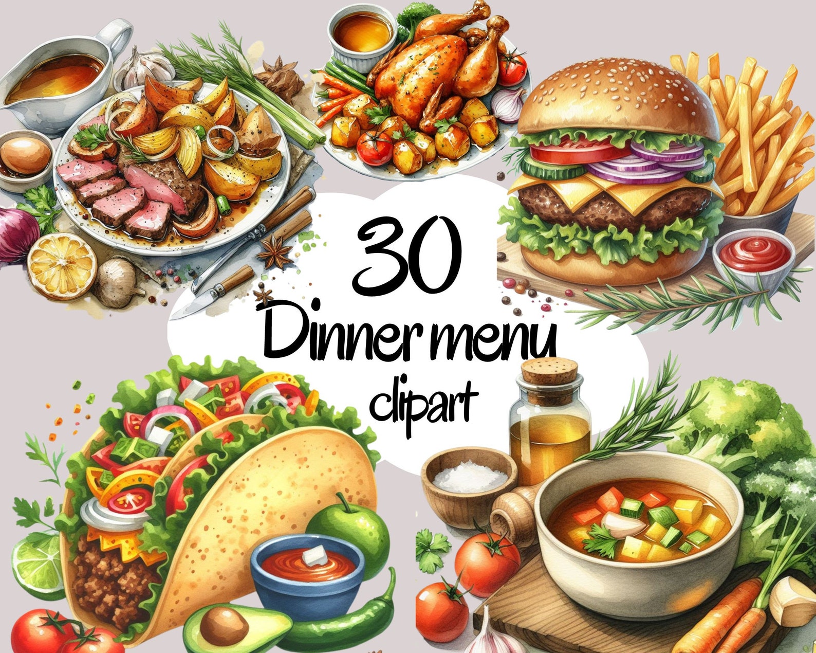 30 Dinner Clipart, Watercolour Menu Clip Art PNG, Transparent ...