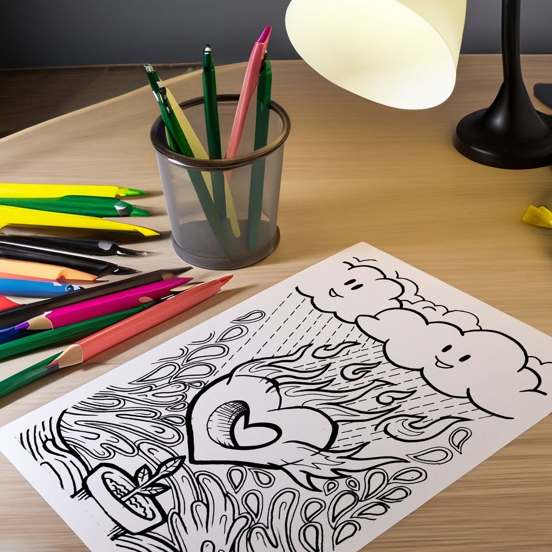 Calming Coloring Page Sheet Drawing burning Heart, Rain, and Rebirth ...