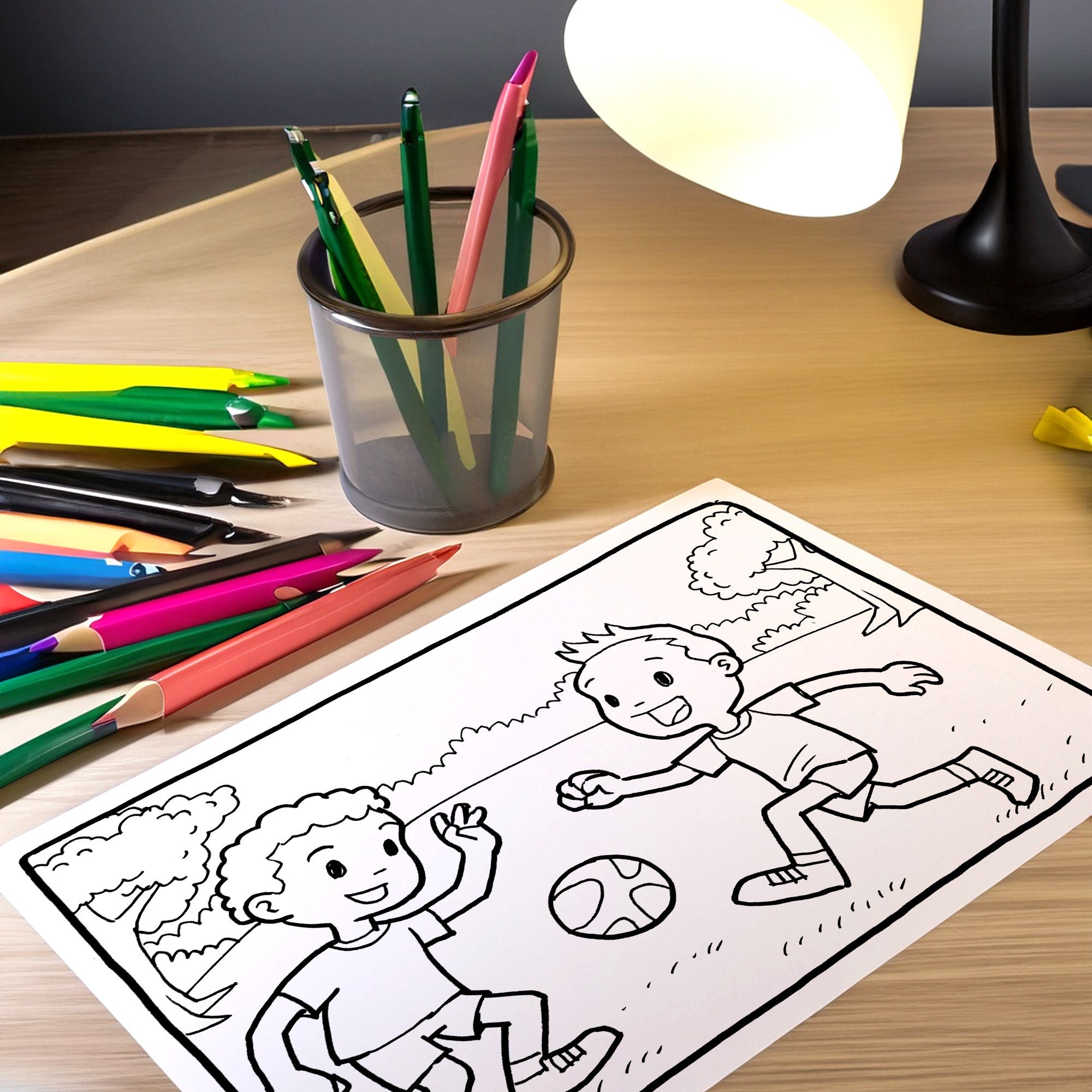Digital Summer Coloring Page: Boys Playing Soccer Football Sports in ...