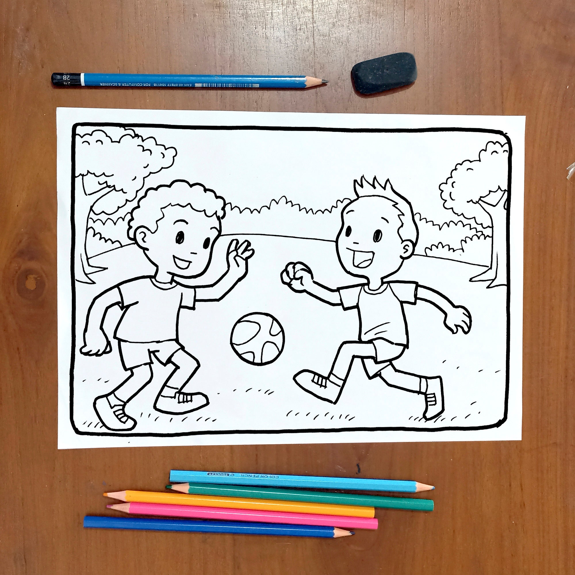 Digital Summer Coloring Page: Boys Playing Soccer Football Sports in ...