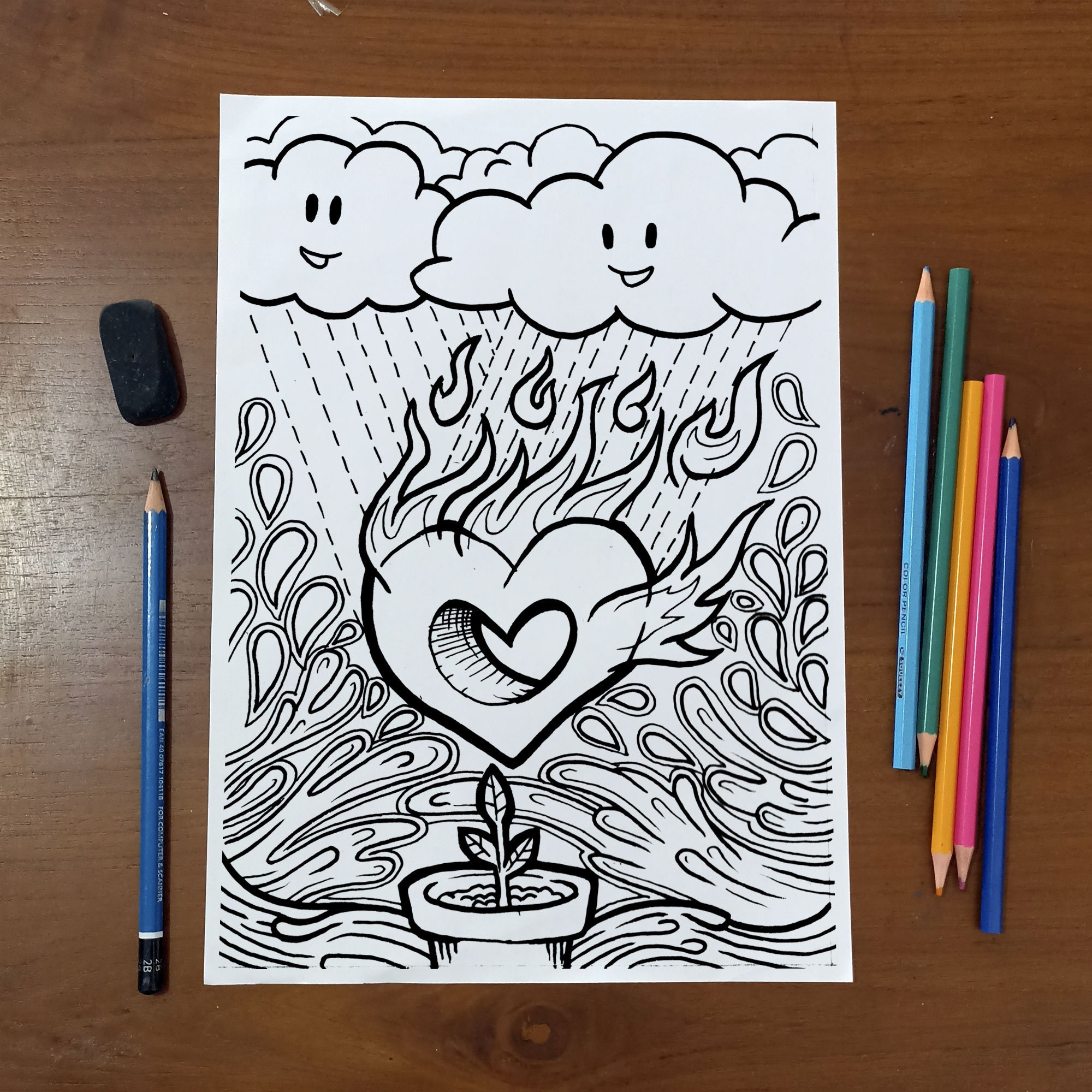 Calming Coloring Page Sheet Drawing burning Heart, Rain, and Rebirth ...
