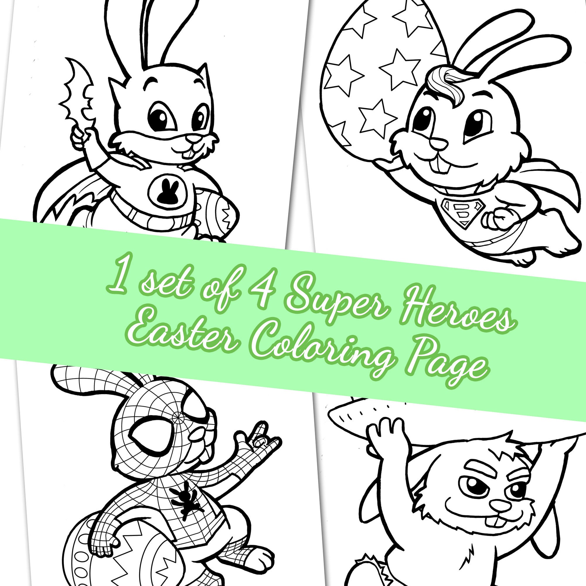Easter Coloring Page Super Heroes Bunny Creative Activity - Etsy