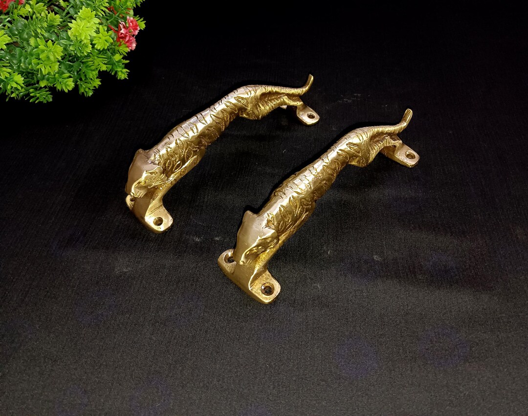 Brass Leaping Panther Door Handle Pair: Wild Cat Cabinet Hardware - Etsy