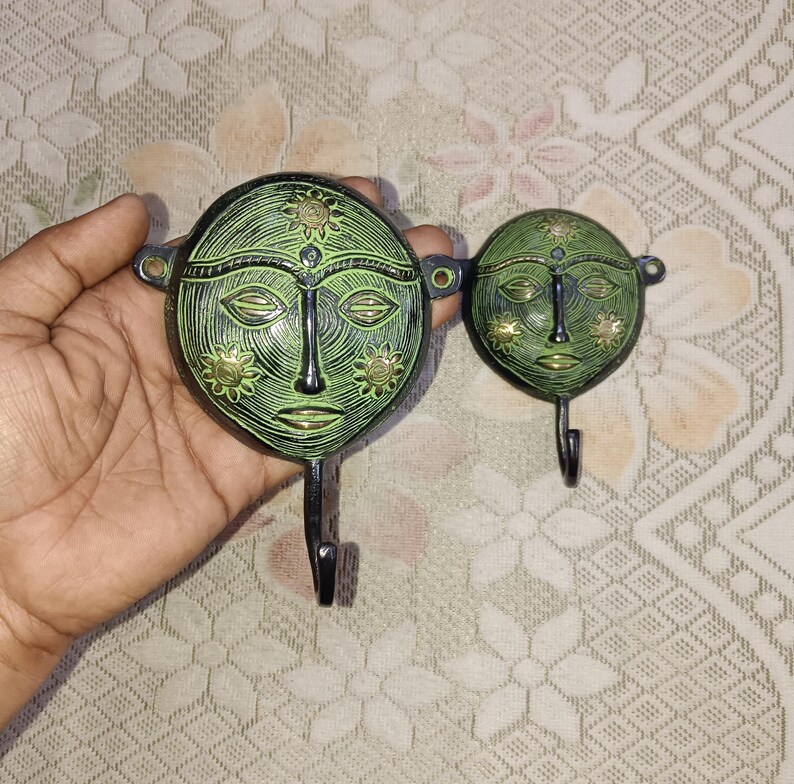 Primitive Man Face Wall Hook Set Decor Brass Bastar Monkey Face Key ...