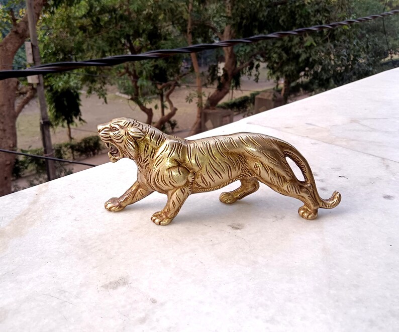Roaring Tiger Idol Study Table Decor | Brass Wild Jaguar Sculpture ...
