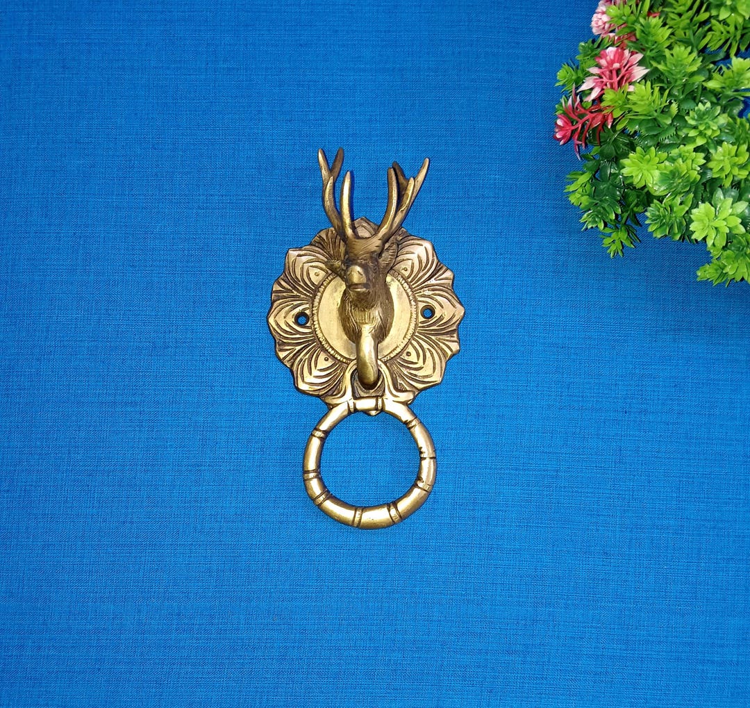 Brass Reindeer Face Entry Door Knocker | Barasingha Shape Door Bell - Etsy