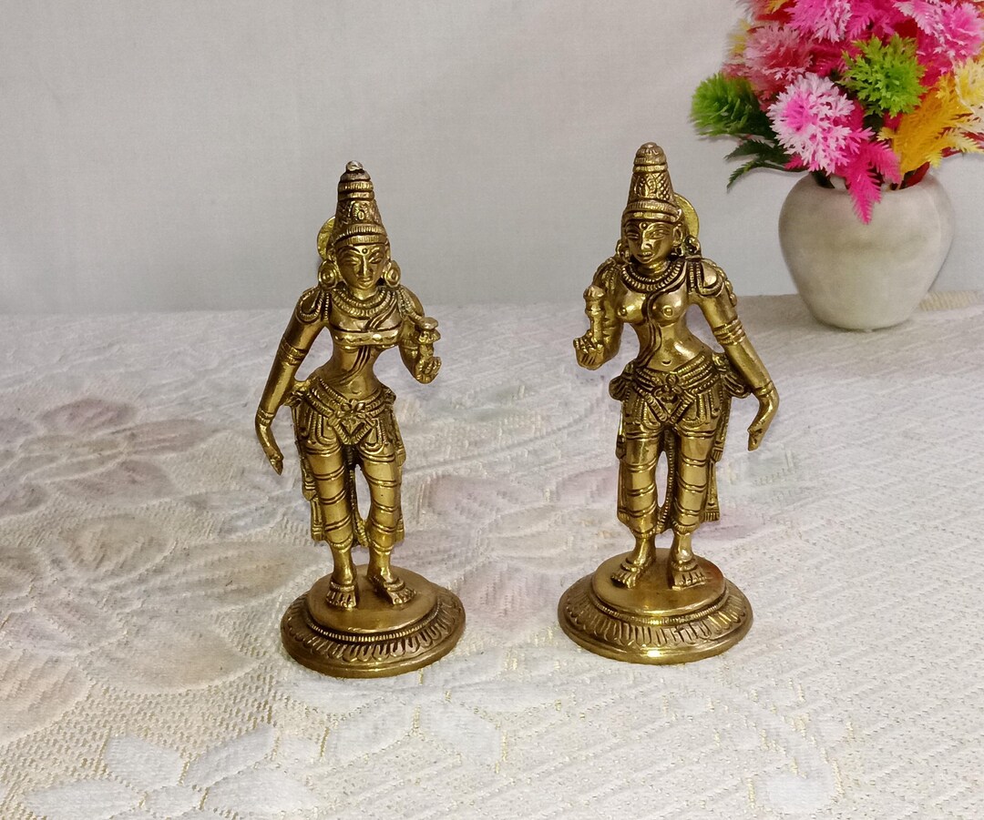 Brass Goddess Devi Rukmini and Satyabhama Statue | Religious Temple ...