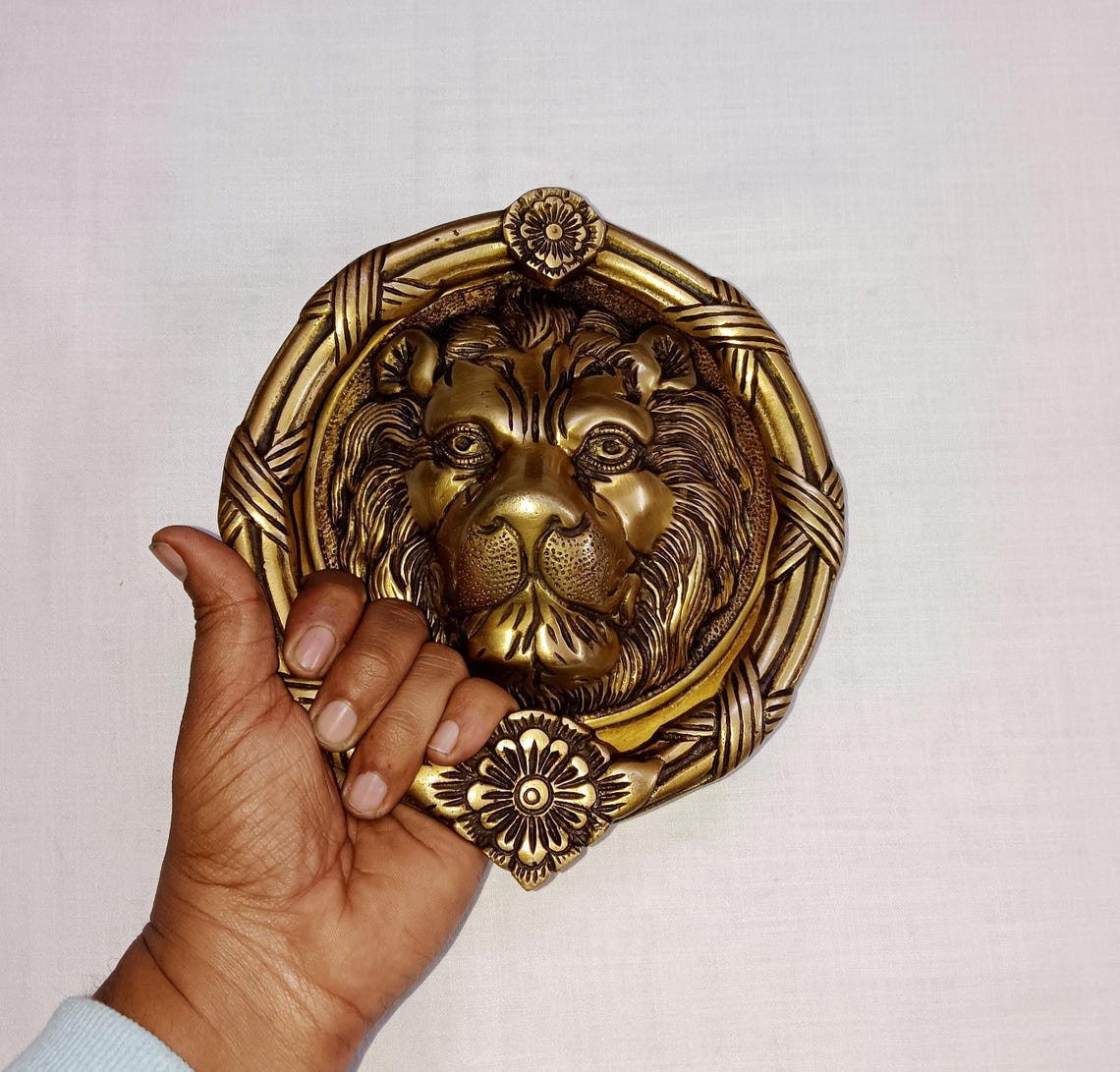 Brass Male Lion Head Shape Door Knocker | Door Hanging Lion Door Bell ...