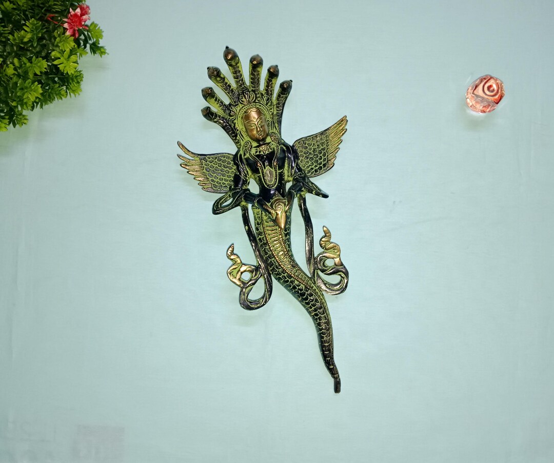 Brass Snake Crowned Wall Hanging Mermaid Holding Magic Couch & Flying ...