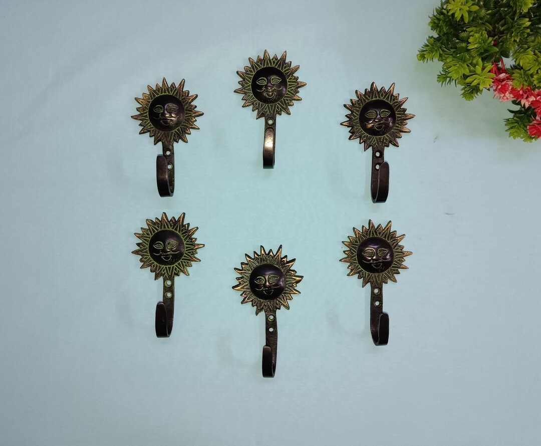 Brass Smiling Sun Face Hooks: Sunflower Kitchen Decor, Set of 6 - Etsy