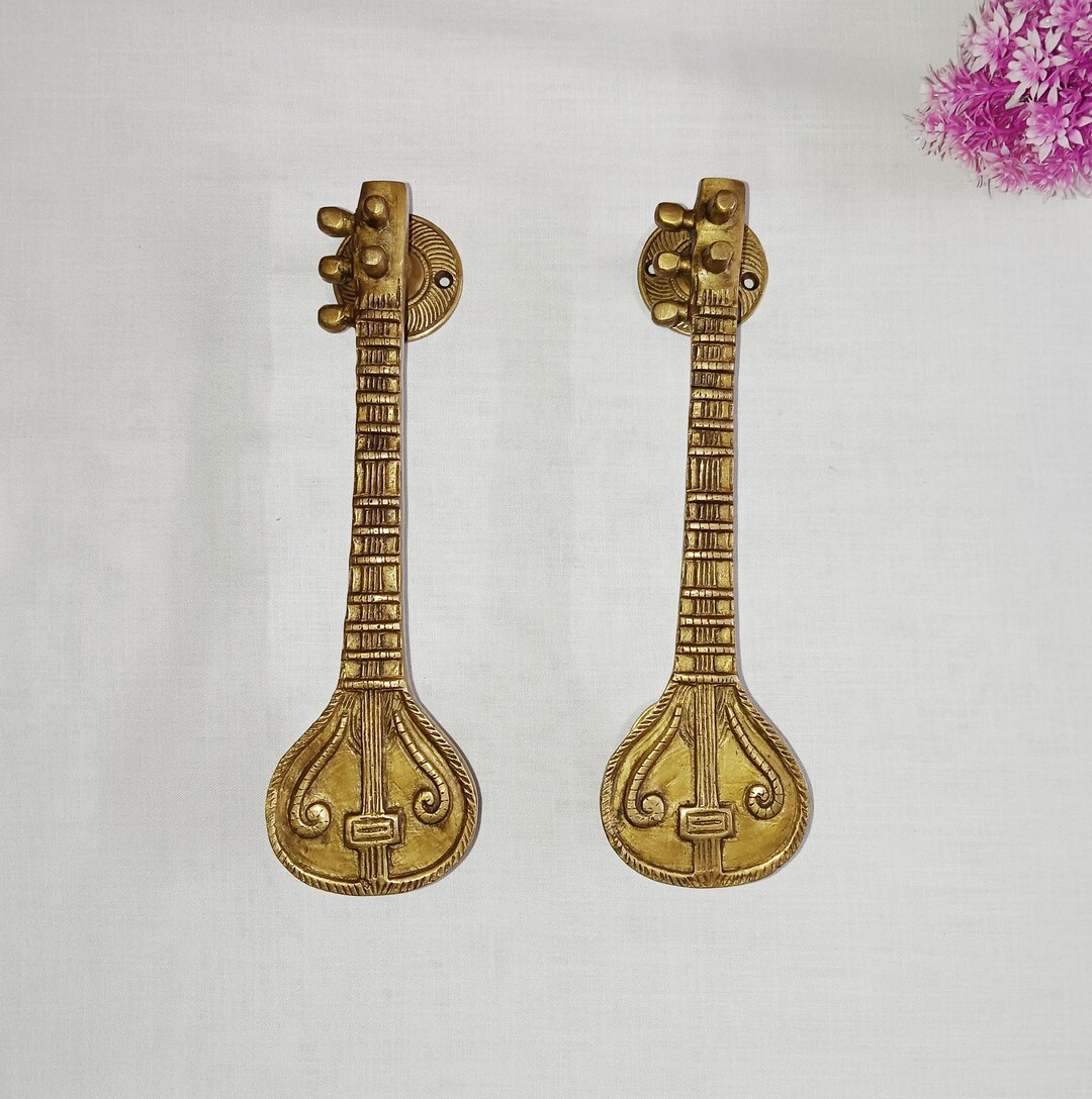 Brass Sitar Design Main Door Handle Pair 9.5 Inches Musical Instruments ...