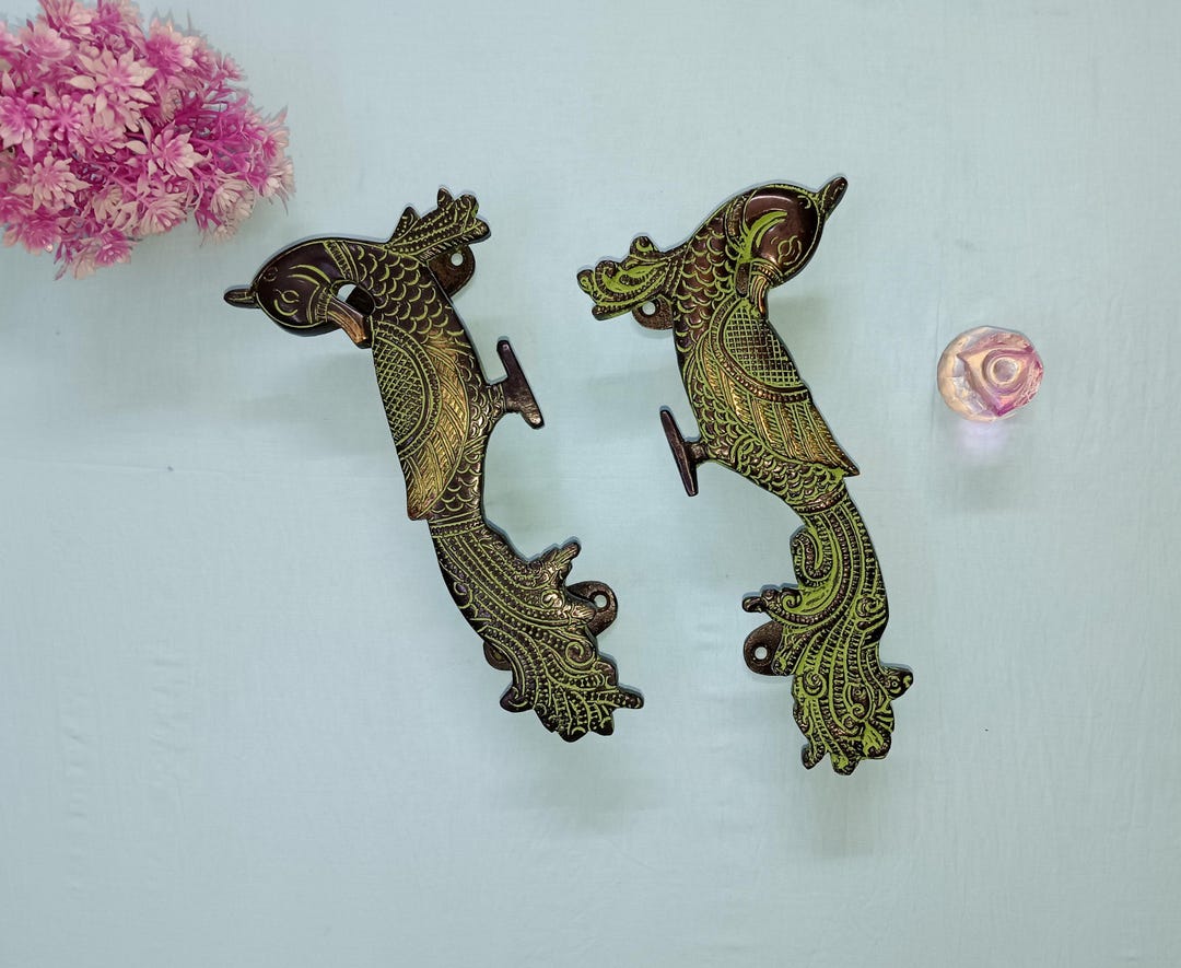 Brass Funky Floral Peacock Door Handle | Brass Fully Flower Bird Door ...