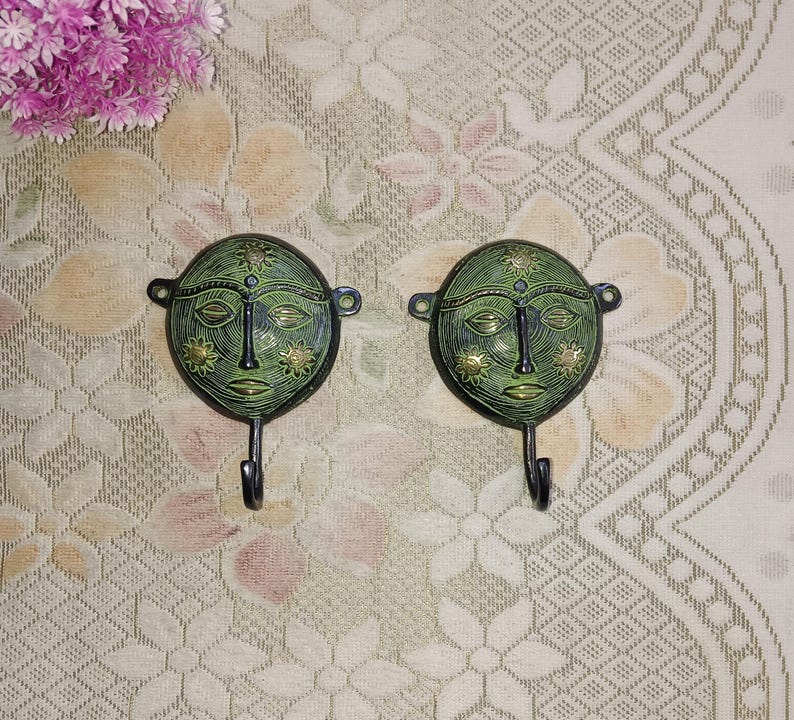Primitive Man Face Wall Hook Set Decor Brass Bastar Monkey Face Key ...