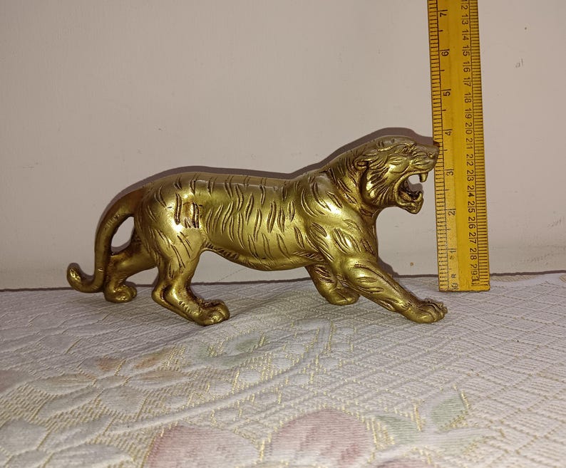 Siberian Tiger Sculpture Table Decor | Brass Roaring Wild Cat Statue ...