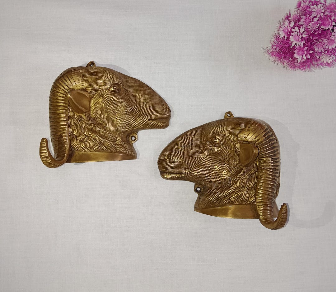 Brass Ram Head Wall Hanging: Rustic Home Decor (set of 2) - Etsy