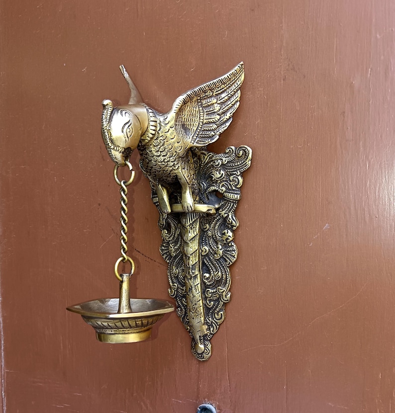 Brass Peacock Wall Lamp: Floral Backplate, Chain Accent (10 Inch) - Etsy