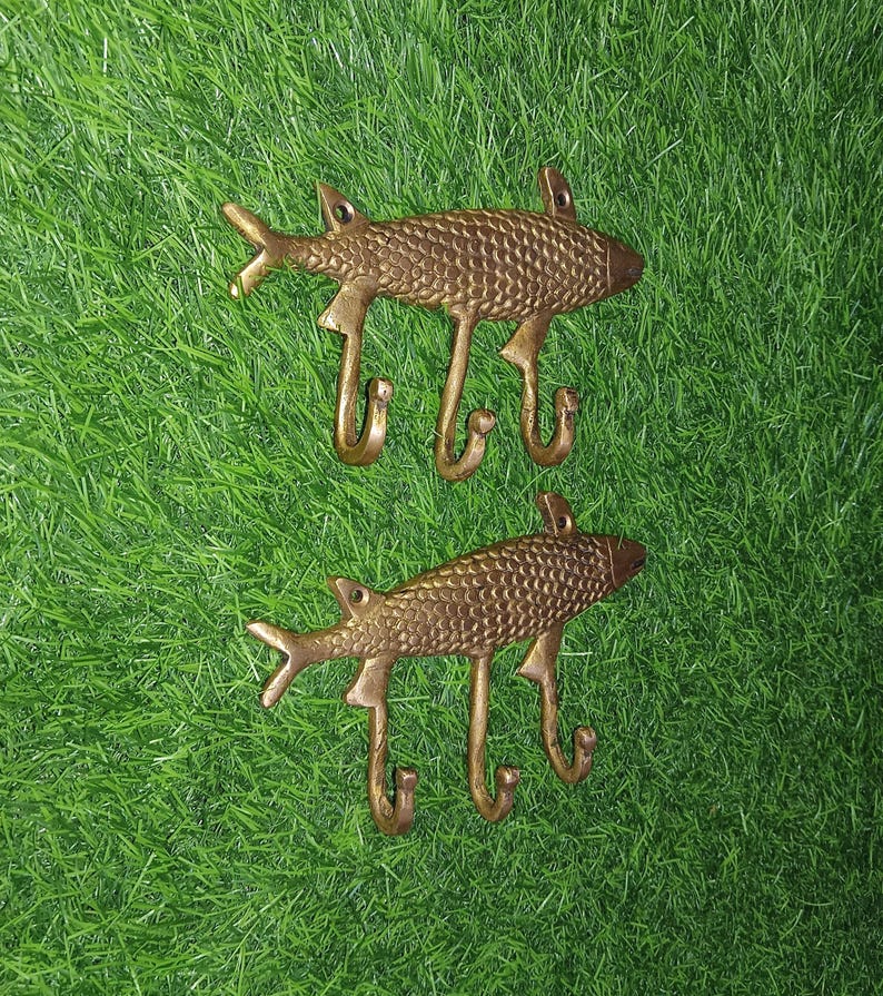 Saltwater Fish Themed Wall Cloth Hook Set of 02 Pieces Brass Sea ...