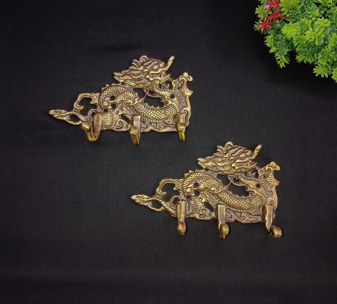 Brass Lacquered Chinese Dragon Shape Hooks | Tibetan Religious Theme ...