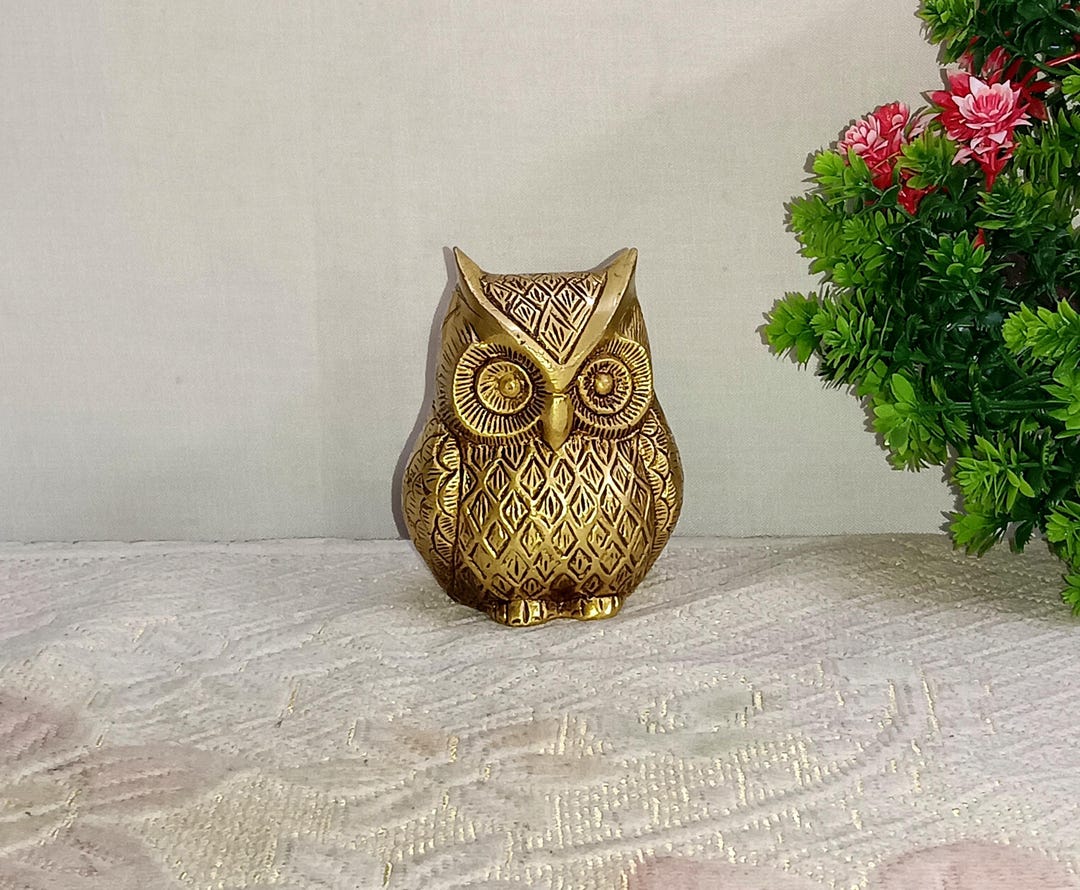 Brass Owl Statue: 4" Sitting Table Showpiece - Etsy