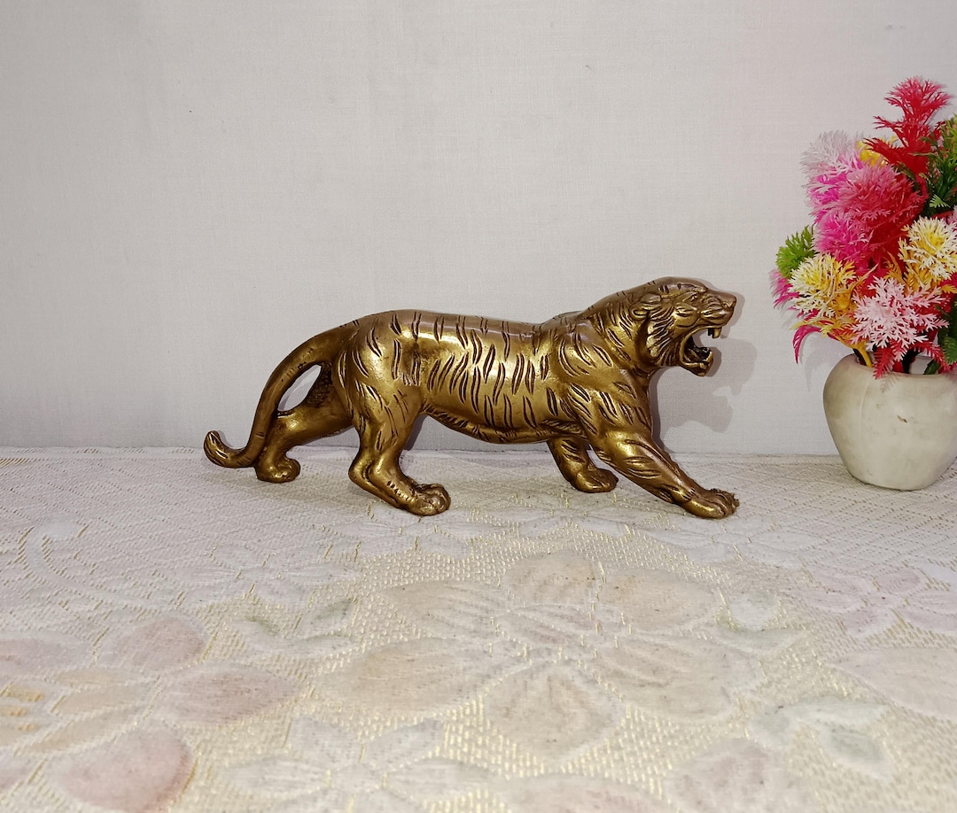 Roaring Tiger Idol Study Table Decor | Brass Wild Jaguar Sculpture ...