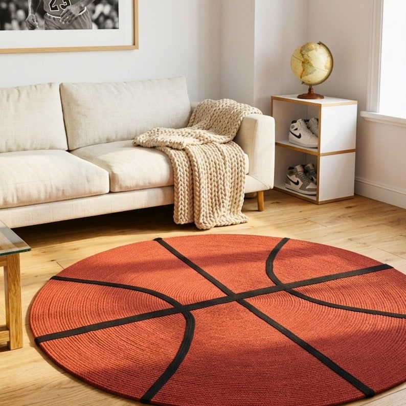 Handcrafted Cotton Cord Basketball Rug, Round Sports Court Decor, Game ...