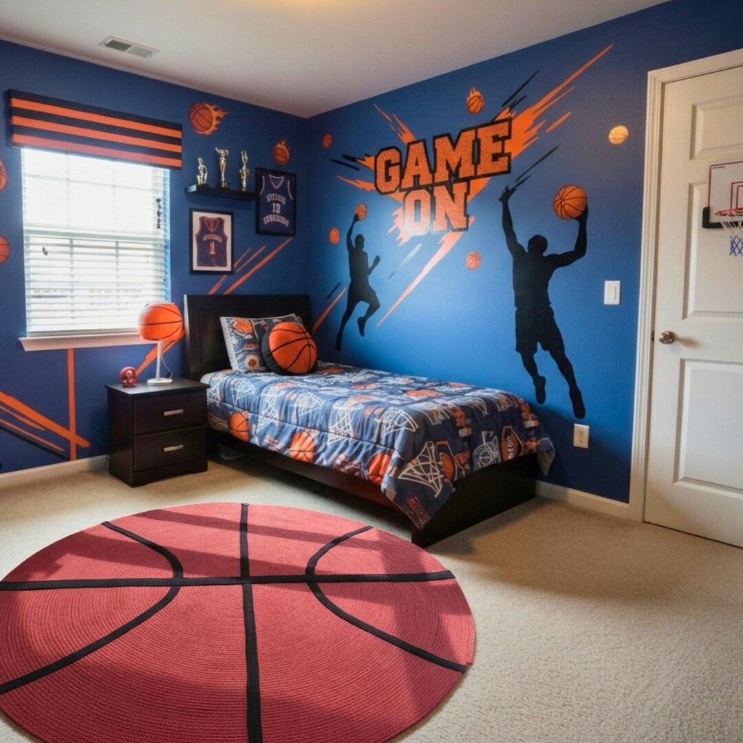 Handcrafted Cotton Cord Basketball Rug, Round Sports Court Decor, Game ...