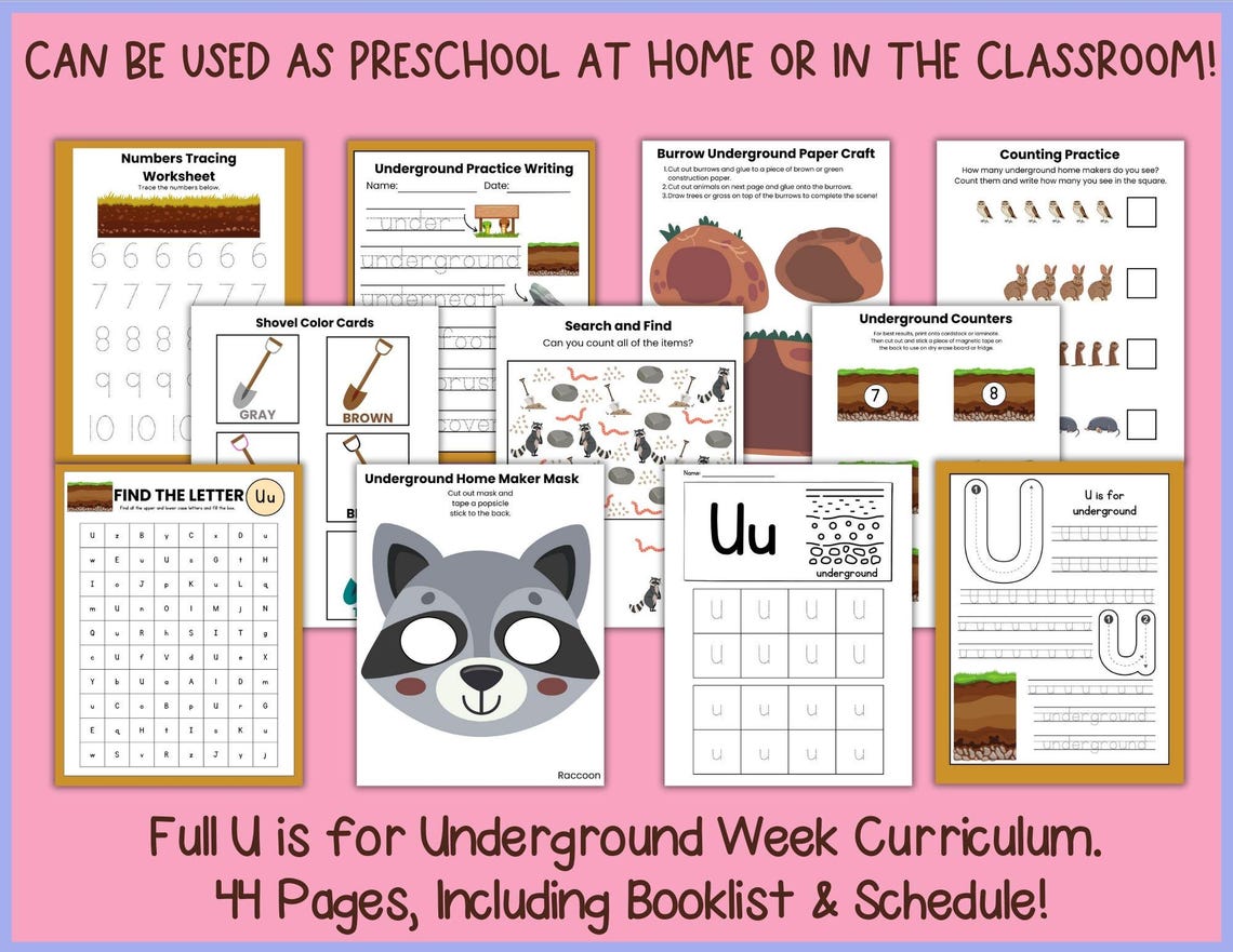 Underground Preschool Activity Sheets Letter U Week Kindergarten Pre-k ...