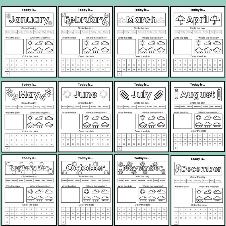Printable Kindergarten Daily Calendar Worksheets 12 Page Preschool ...