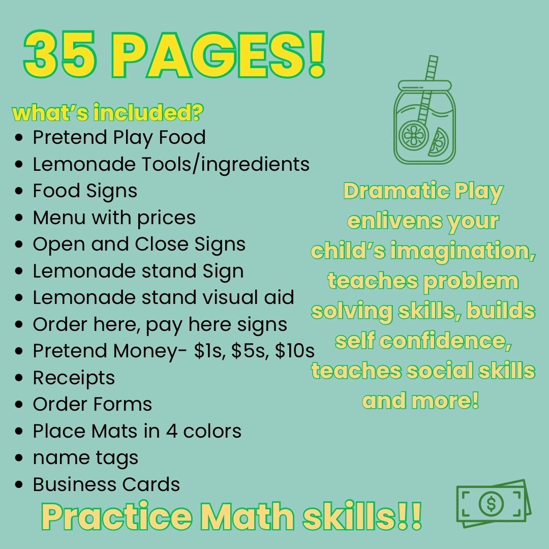 Lemonade Stand Dramatic Play Printable Pack Lemon Theme Shop Pretend ...