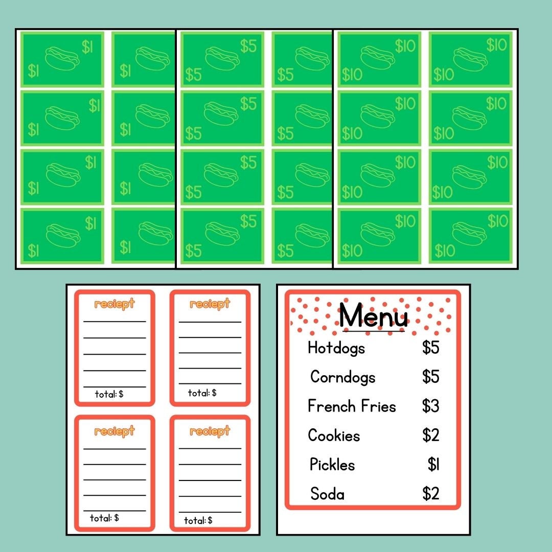 Hotdog Stand Dramatic Play Pretend Hot Dog Shop Printables Play Money ...