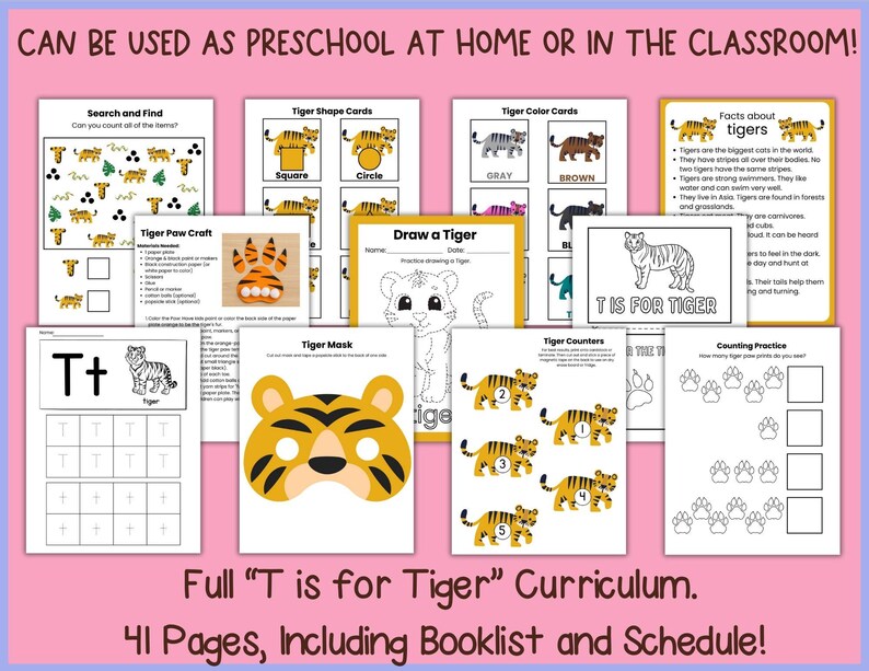 Tiger Preschool Activity Pack: Letter T Week Lesson Plan (41 Page PDF ...