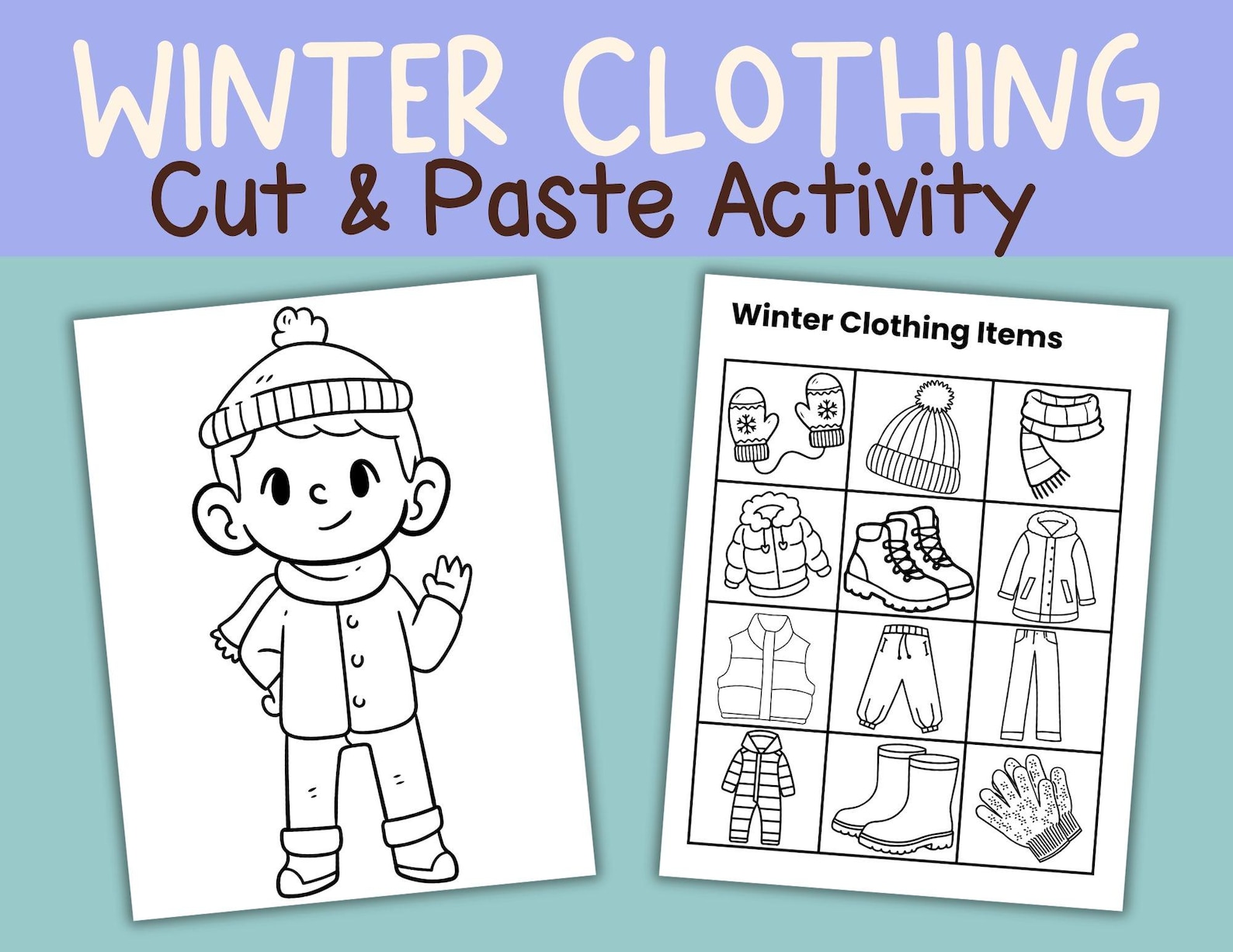Winter Clothing Activity: Color-in, Cut & Paste File Folder (15 Page ...