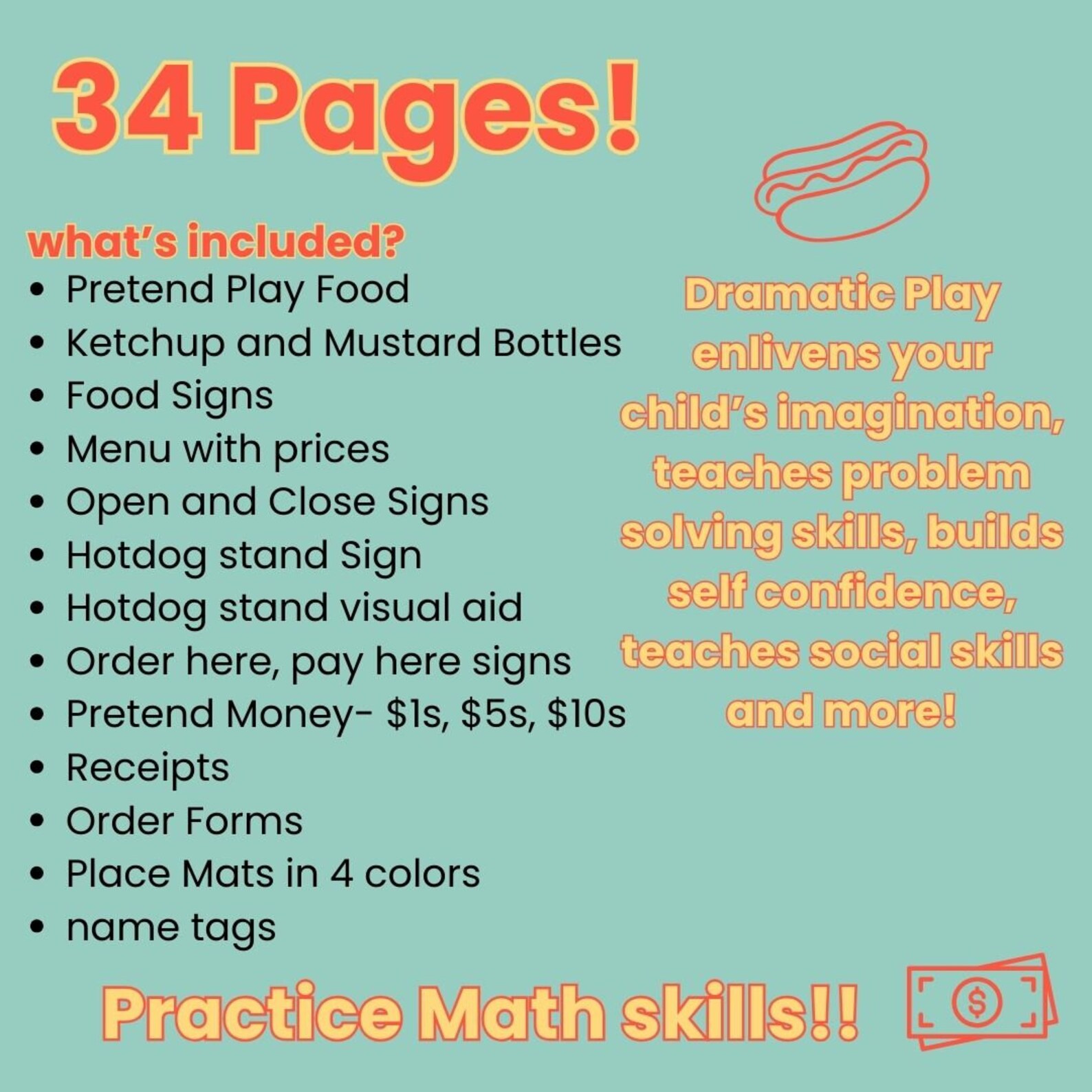 Hotdog Stand Dramatic Play Pretend Hot Dog Shop Printables Play Money ...