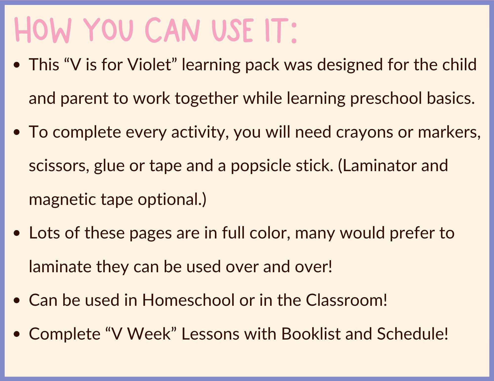 Violet Preschool Activity Sheets Bundle V is for Violet Letter Week ...